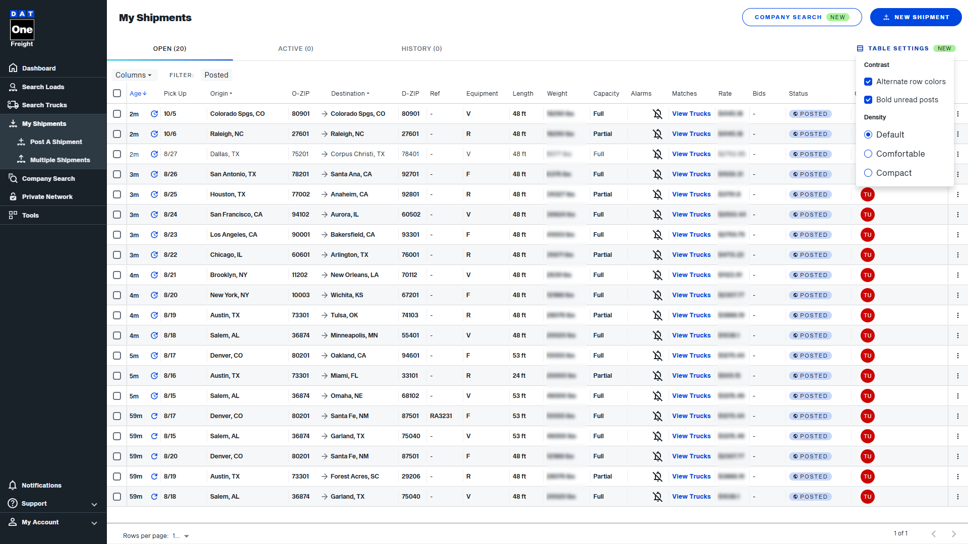 Customize My Shipments page | Welcome to DAT One Help Center