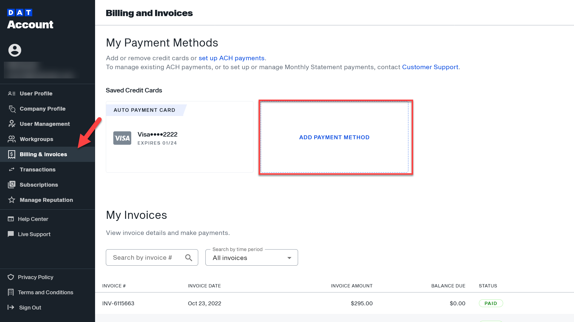 Update payment method | Welcome to DAT One Help Center