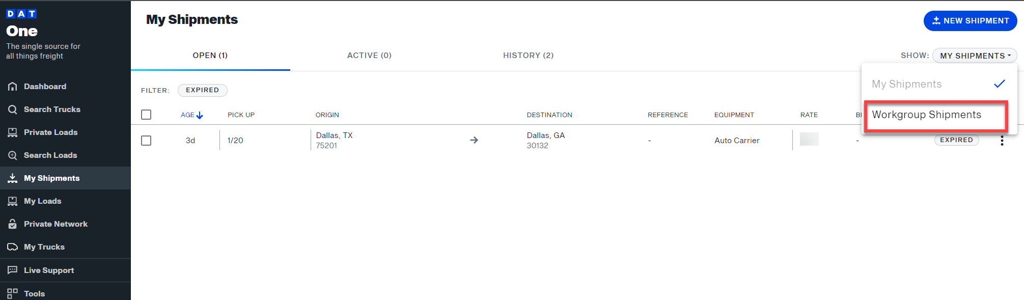 Unable to see Workgroup Shipments in DAT One | Welcome to DAT One Help ...
