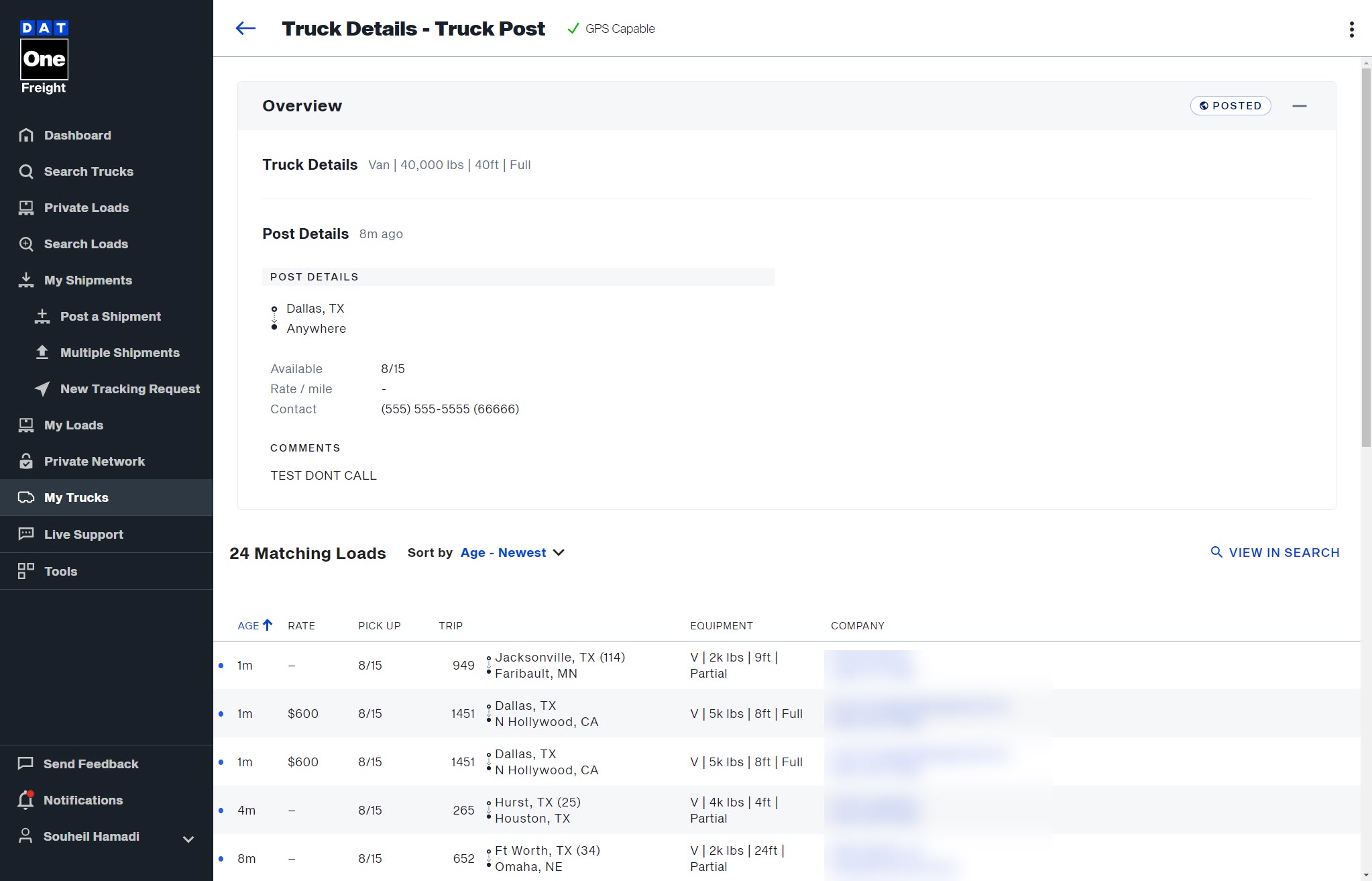 See matching loads to your truck posting | Welcome to DAT One Help Center