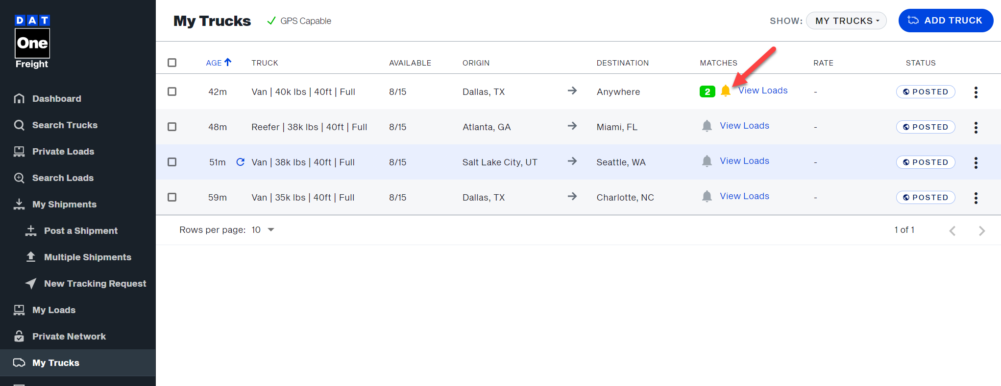 See matching loads to your truck posting | Welcome to DAT One Help Center