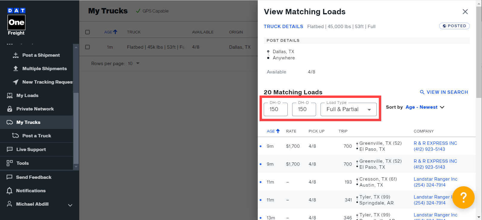 See matching loads to your truck posting | Welcome to DAT One Help Center