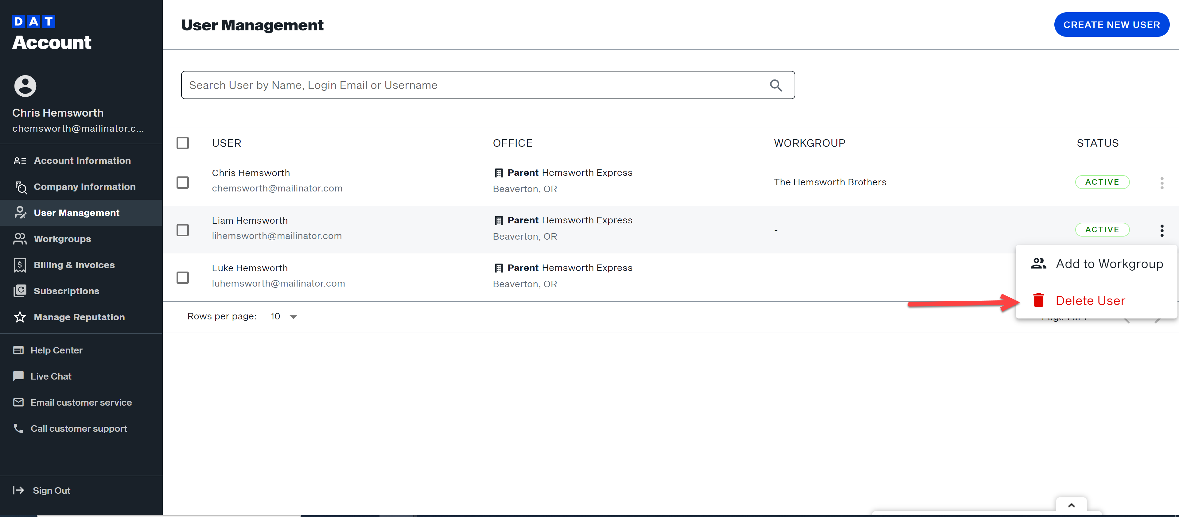 Delete or remove a user | Welcome to DAT One Help Center