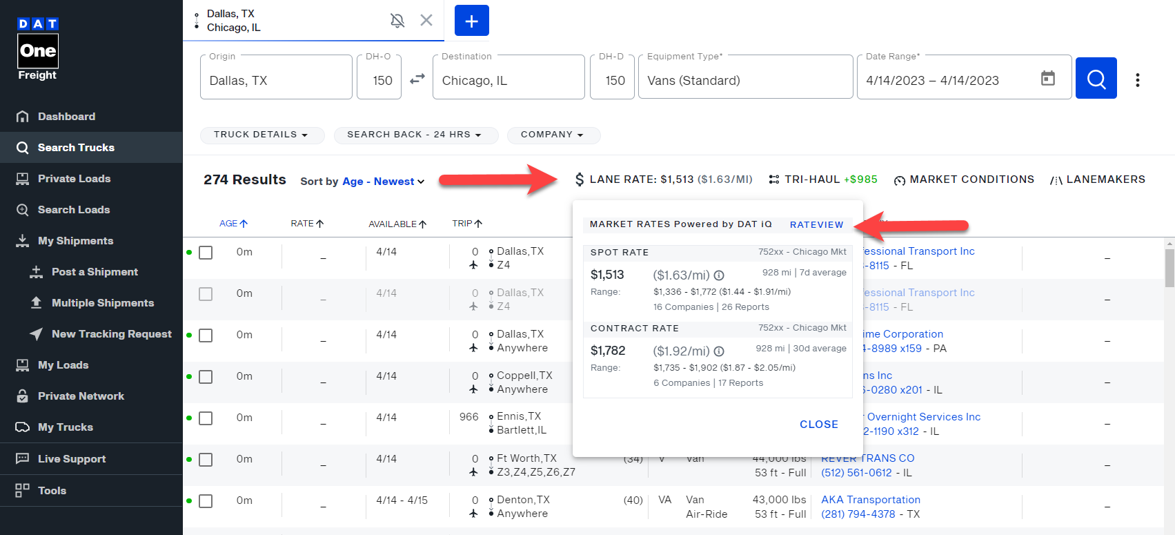 How to access Rateview from truck search results | Welcome to DAT One Help Center