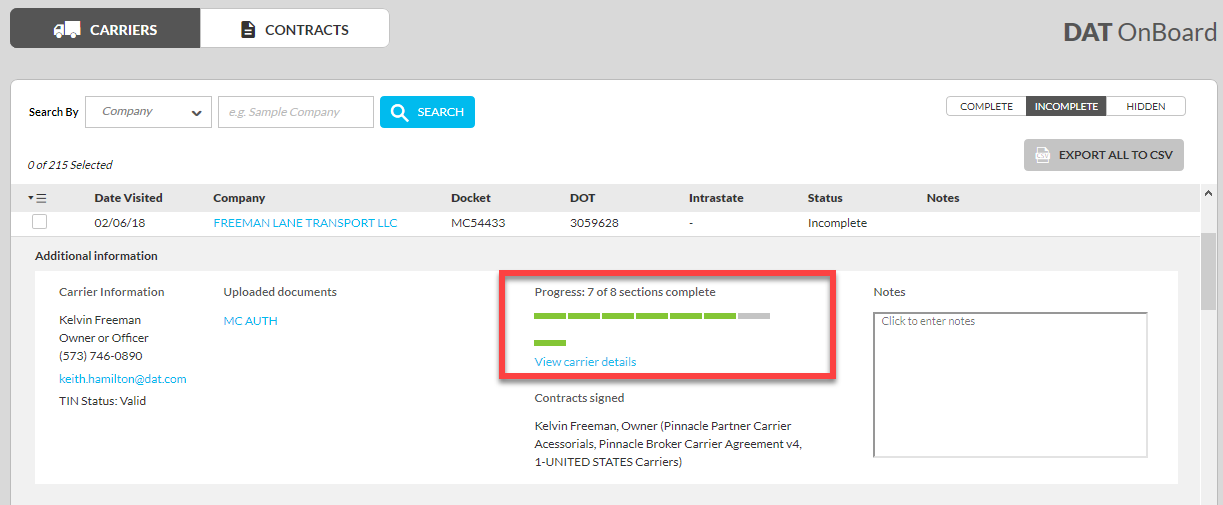 Complete and Incomplete Carriers in DAT OnBoard™ | DAT OnBoard Help Center