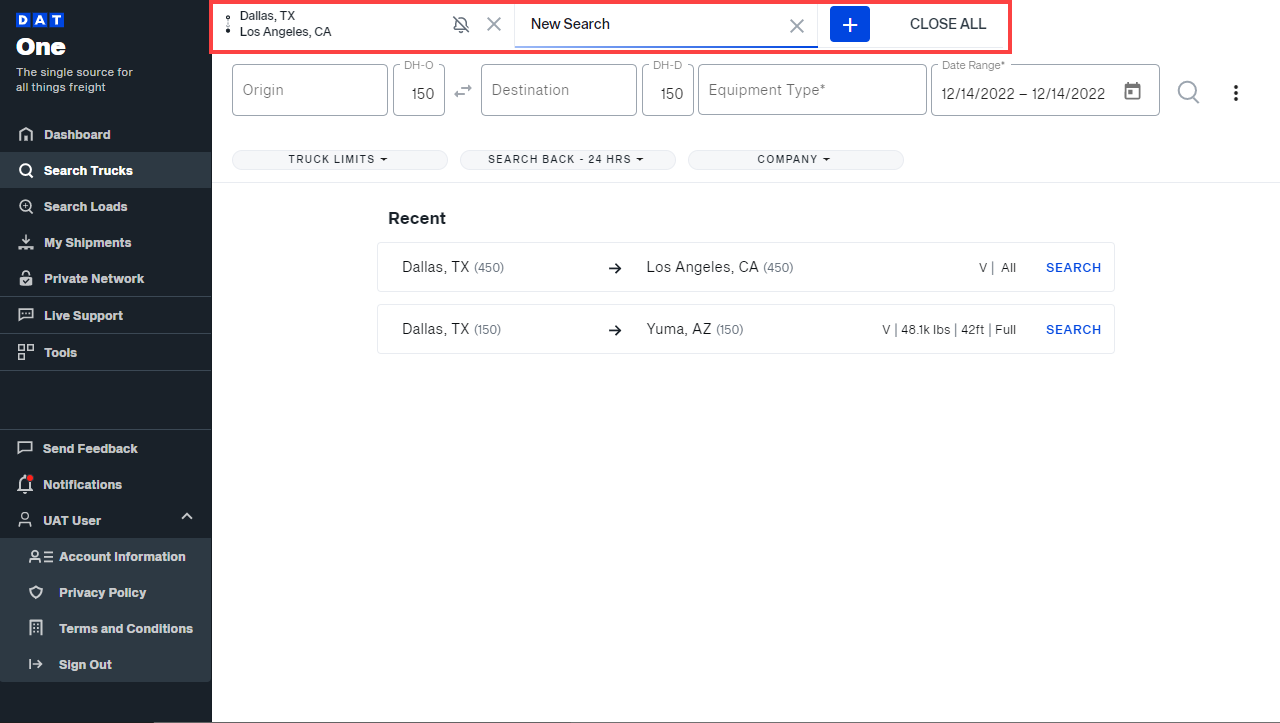 Multiple truck searches at the same time | Welcome to DAT One Help Center