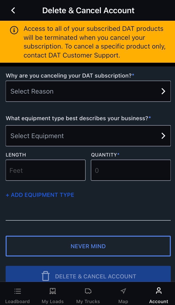 Deleting my account on DAT One Mobile | Welcome to DAT One Help Center