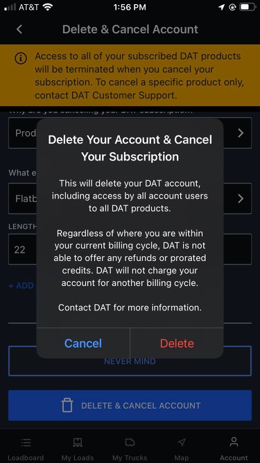 Deleting my account on DAT One Mobile | Welcome to DAT One Help Center