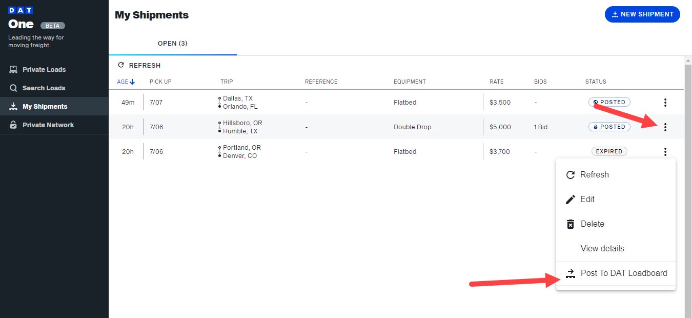 Send a shipment from the Private Network to the DAT Load Board ...