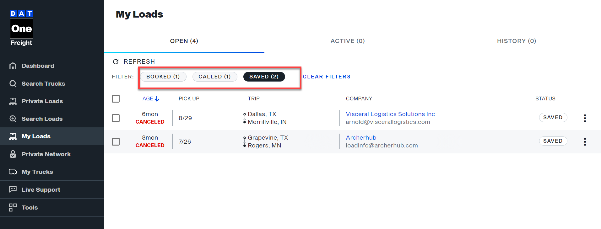 Filter saved loads | Welcome to DAT One Help Center