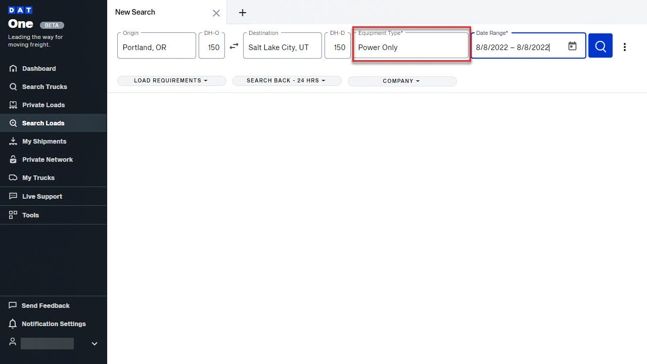Search for Power Only loads | Welcome to DAT One Help Center