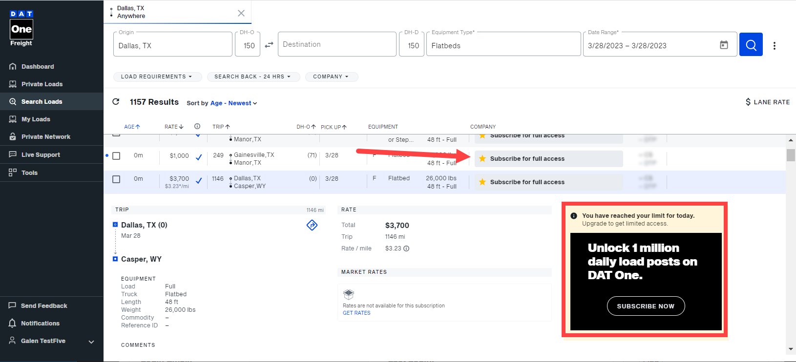 You have reached your limit for today | Welcome to DAT One Help Center