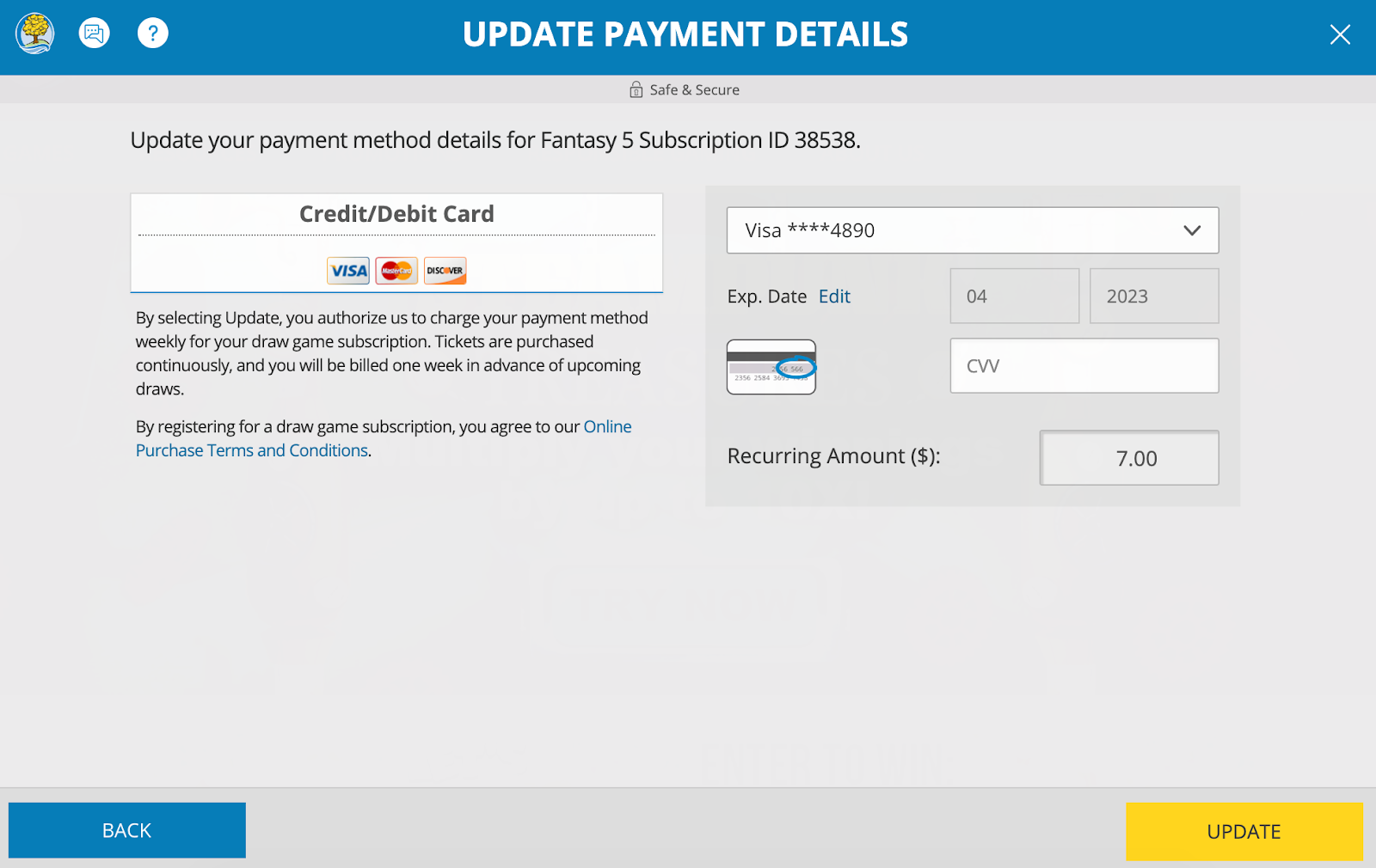 Update a Payment Method on a Subscription | Michigan Lottery FAQ